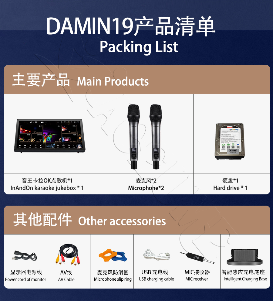 DAMIN19 19''InAndon Karaoke Player, 500G SSD,Mixing amplifier,固態盘 5 in 1
